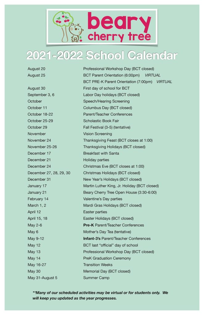 2021-2022 School Calendar Now Available - Beary Cherry Tree